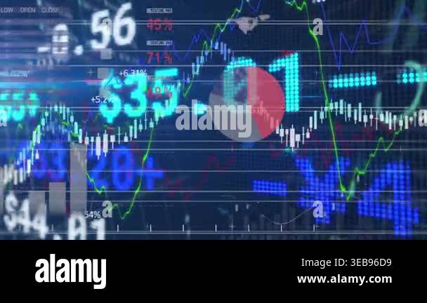 Animation of statistics and data processing on blue background. Global ...