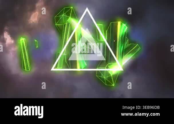 Animation of green diamonds and pulsating triangles over clouds. Colour ...