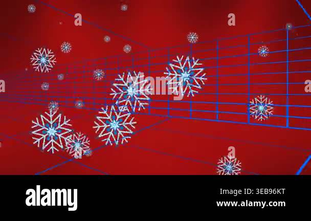 Animation of snowflakes icons over tunnel in seamless pattern against ...