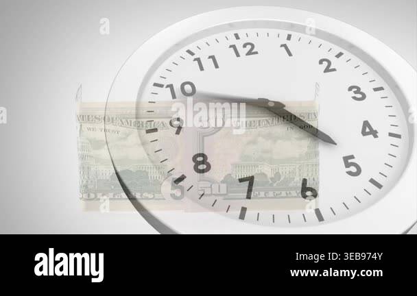 On play, clock and banknotes moving closer while hands rotating ...