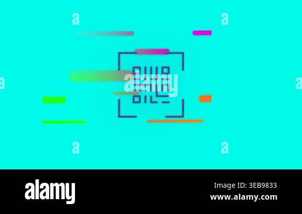 Animation of qr code over multicolored abstract pattern against blue ...