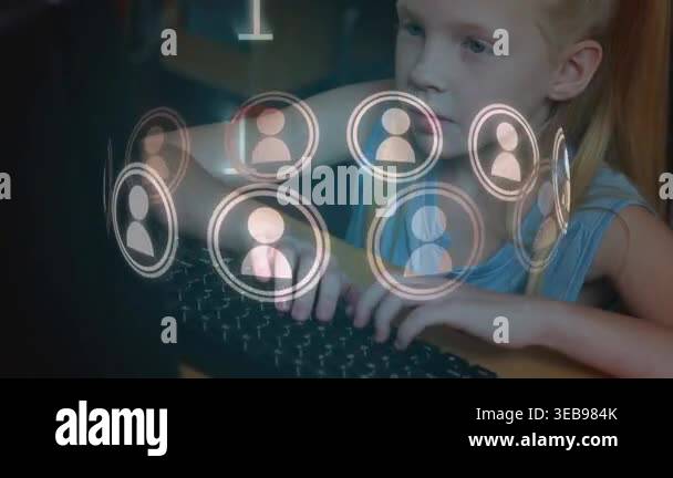 Animation of binary code and icons over caucasian girl using computer ...