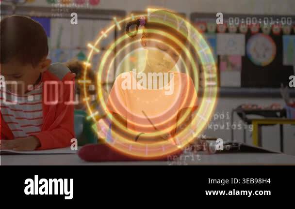 Center girl writing at table, digital timer starting, HUD pulsing over ...