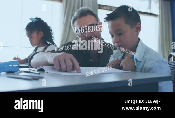 Tutor pointing at book, helping student in class while data growing ...