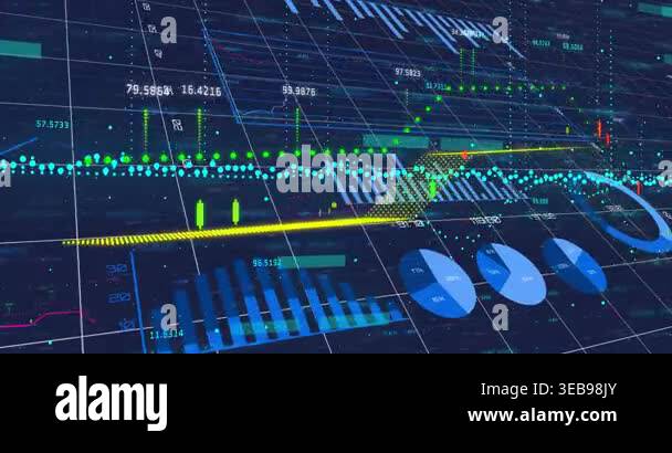 Animated dashboard starting with cyan baseline appearing, green mesh ...