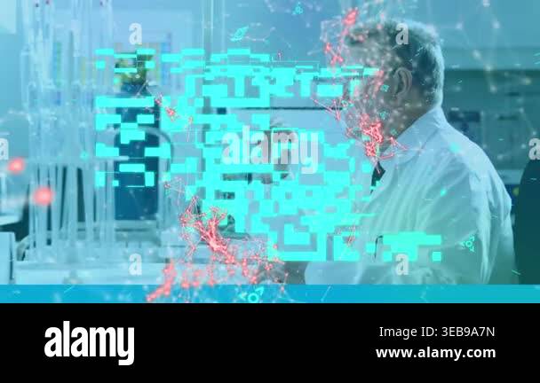 Animation of qr code over caucasian male doctor in lab. Global medicine ...