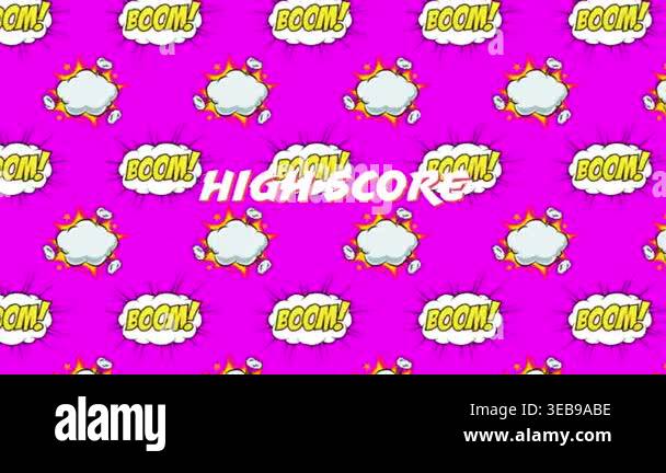 Animation of high score text against boom speech bubbles on digital ...