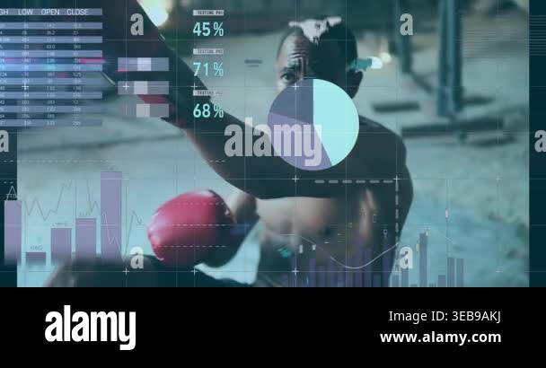 Animation of data processing over diverse people boxing at gym. Global ...