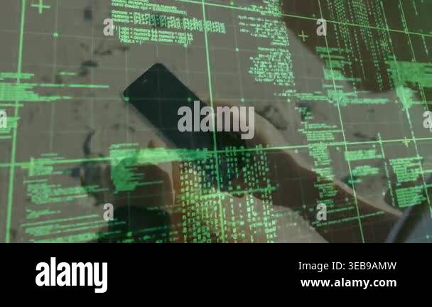 Green code and data processing animation over person using smartphone ...