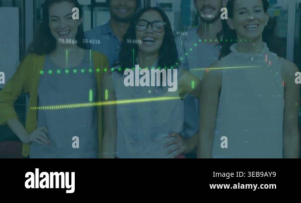 Team posing as line emerging from left transforming into finance arrow ...