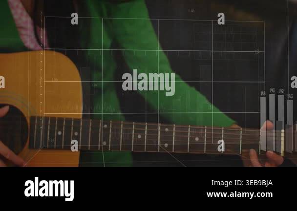 Music student pressing guitar chords, grid fading, strumming causing ...