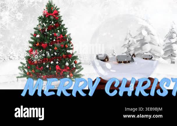 Animation of merry christmas text banner and snow falling over ...