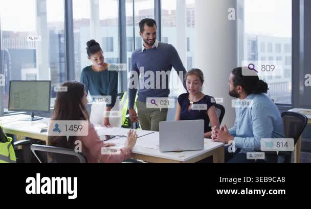 Seated woman working laptop, team leaning in as floating analytics ...