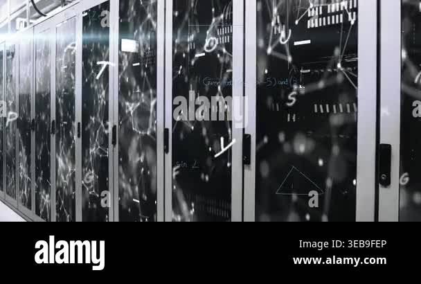 Animation of mathematical equations and letters over server room ...