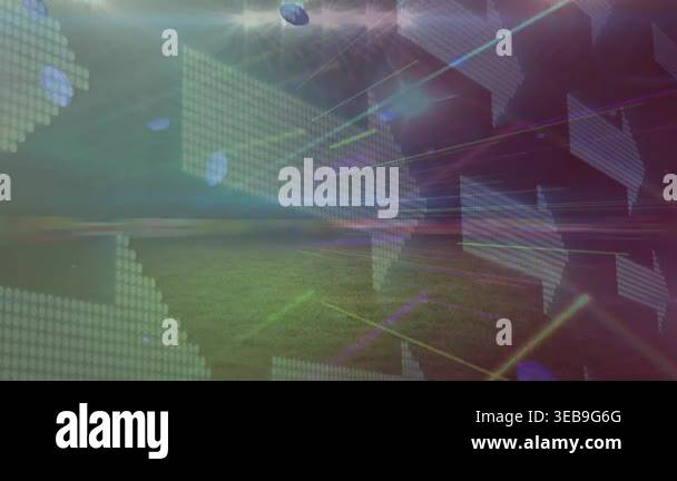 Animation of balls falling over arrows and lights on black background ...