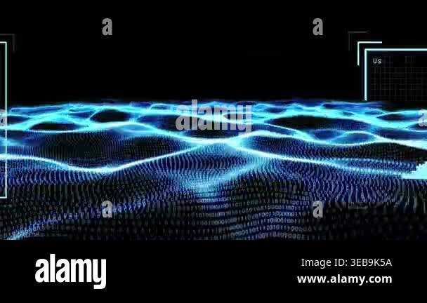 Animation of user photos and waves on black background. Data processing ...