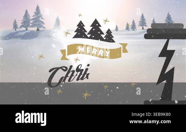 Animation of snow falling over merry christmas text banner against ...