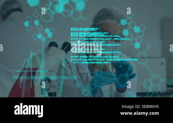 Working with microscope, scientists analyzing scientific data and ...