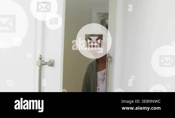 Animation of envelope icon in circles over senior smiling woman opening ...