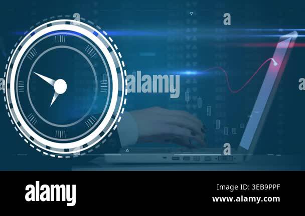 Animation of clock and data on digital screen over cityscape and hand ...