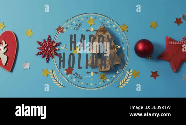 Animation of happy holidays text over christmas decorations. Christmas ...
