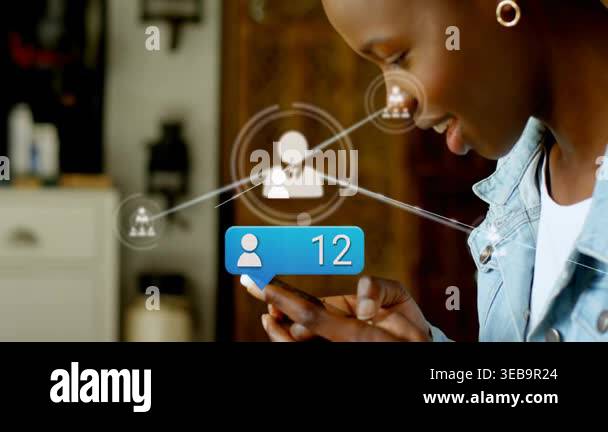 Woman tapping phone after blue bubble appearing, smiling as user icons ...