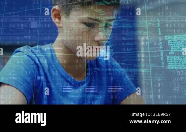 Animation of binary code over hands of caucasian boy using laptop ...