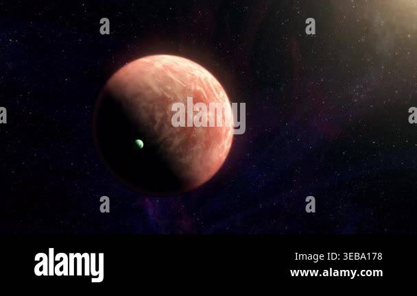 Cinematic view of an alien planet with red rocky surface, swirling ...