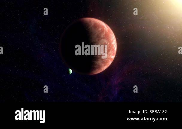 Cinematic view of an alien planet with red rocky surface, swirling ...