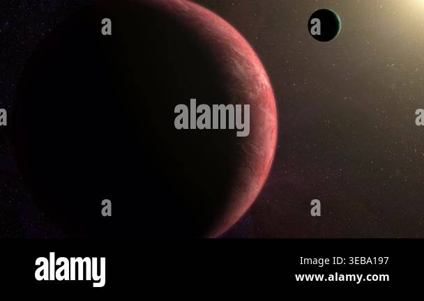 Cinematic view of an alien planet with red rocky surface, swirling ...