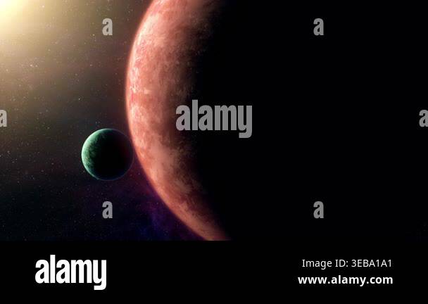 Cinematic view of an alien planet with red rocky surface, swirling ...