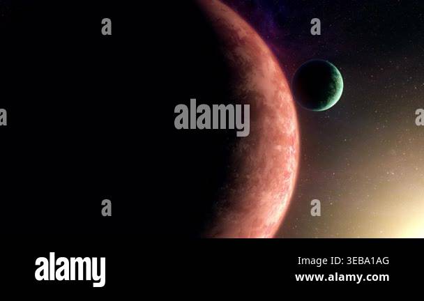 Cinematic view of an alien planet with red rocky surface, swirling ...