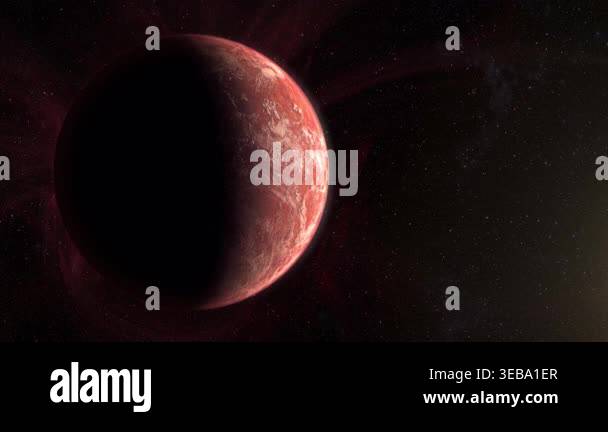 Cinematic view of an alien planet with red rocky surface, swirling ...