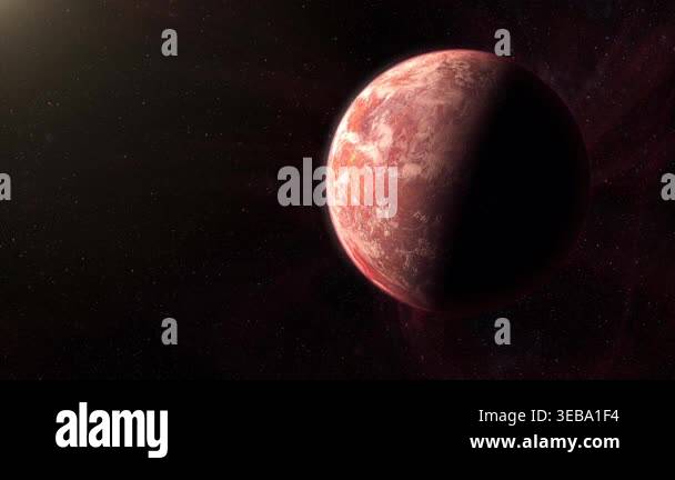 Cinematic view of an alien planet with red rocky surface, swirling ...