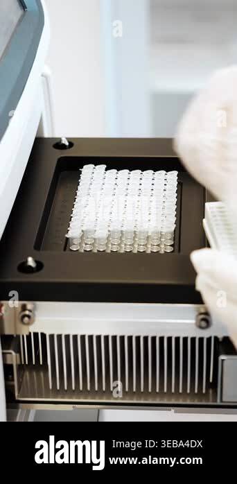 Lab technician loading test tubes into automated analyzer, laboratory ...