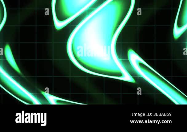 Dynamic Glowing Green Liquid Light Waves Moving Over Dark Digital Grid ...