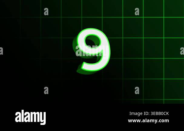 A bright green 3D number 10 to 0, on a grid floor with perspective ...