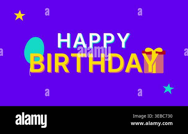 Happy Birthday text animation with balloon, gift box and stars on a ...