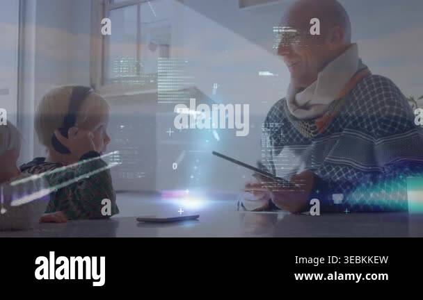 Animation of binary code, computer language, caucasian senior man ...