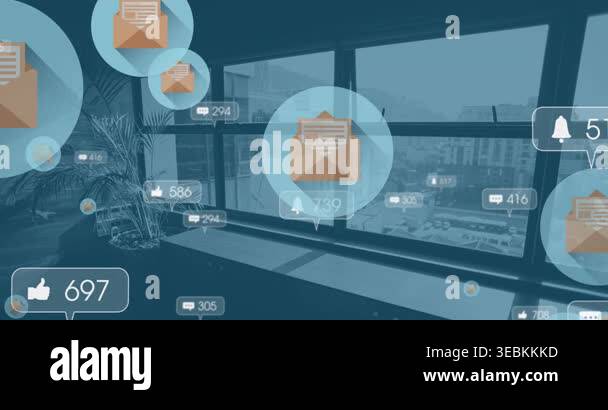 Animation of social media reactions and emails over office interior ...