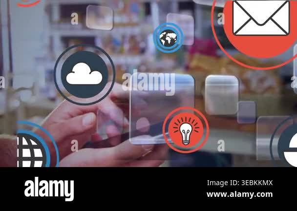 Animation of media icons over caucasian man using smartphone. Social ...