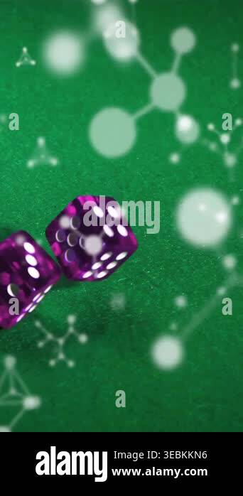 Vertical video: Off-camera toss sending two purple dice tumbling across ...
