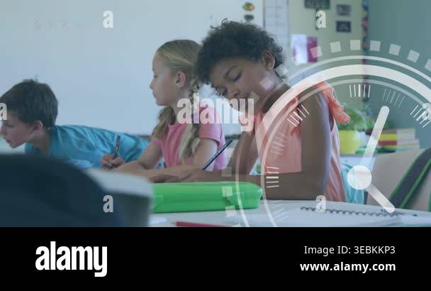 Girl writing at desk with green binder, HUD clock appearing on right ...
