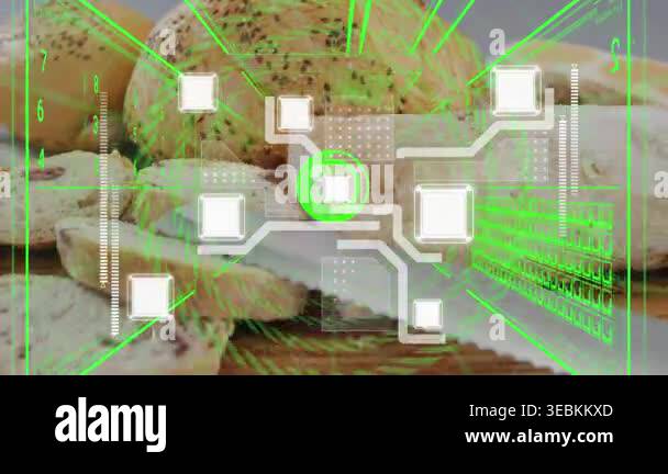 Animation of data processing and computer circuit board over bread ...