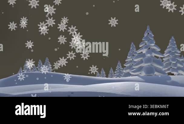 Animation of snowflakes falling over winter landscape against copy ...