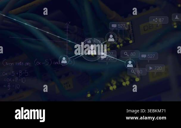 Animation of connections and math formulas on black background. Science ...