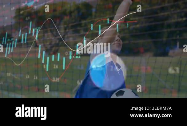 Celebrating goal, soccer player with financial data charts animation ...