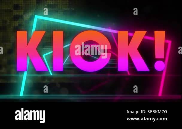 Animation of kick text over moving neon shapes. Social media and ...