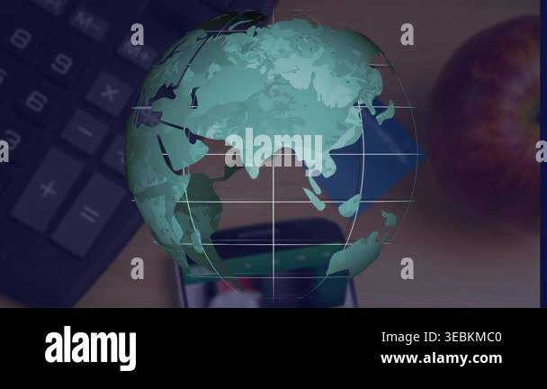 Animation of globe over calculator, smartphone and apple on desk ...