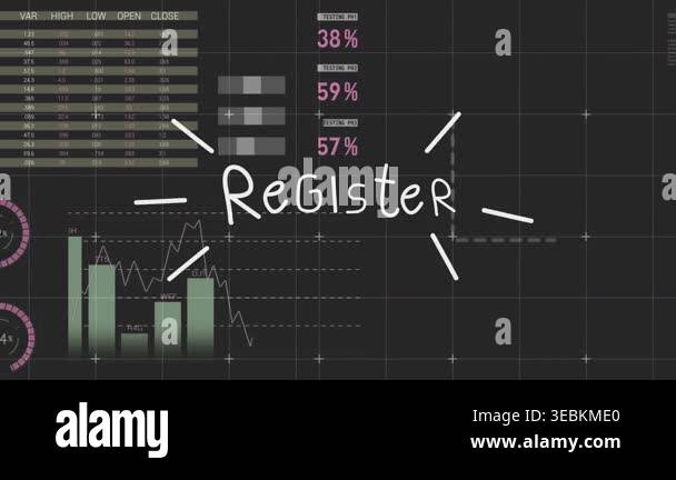 Animation of register text and data processing on black background ...